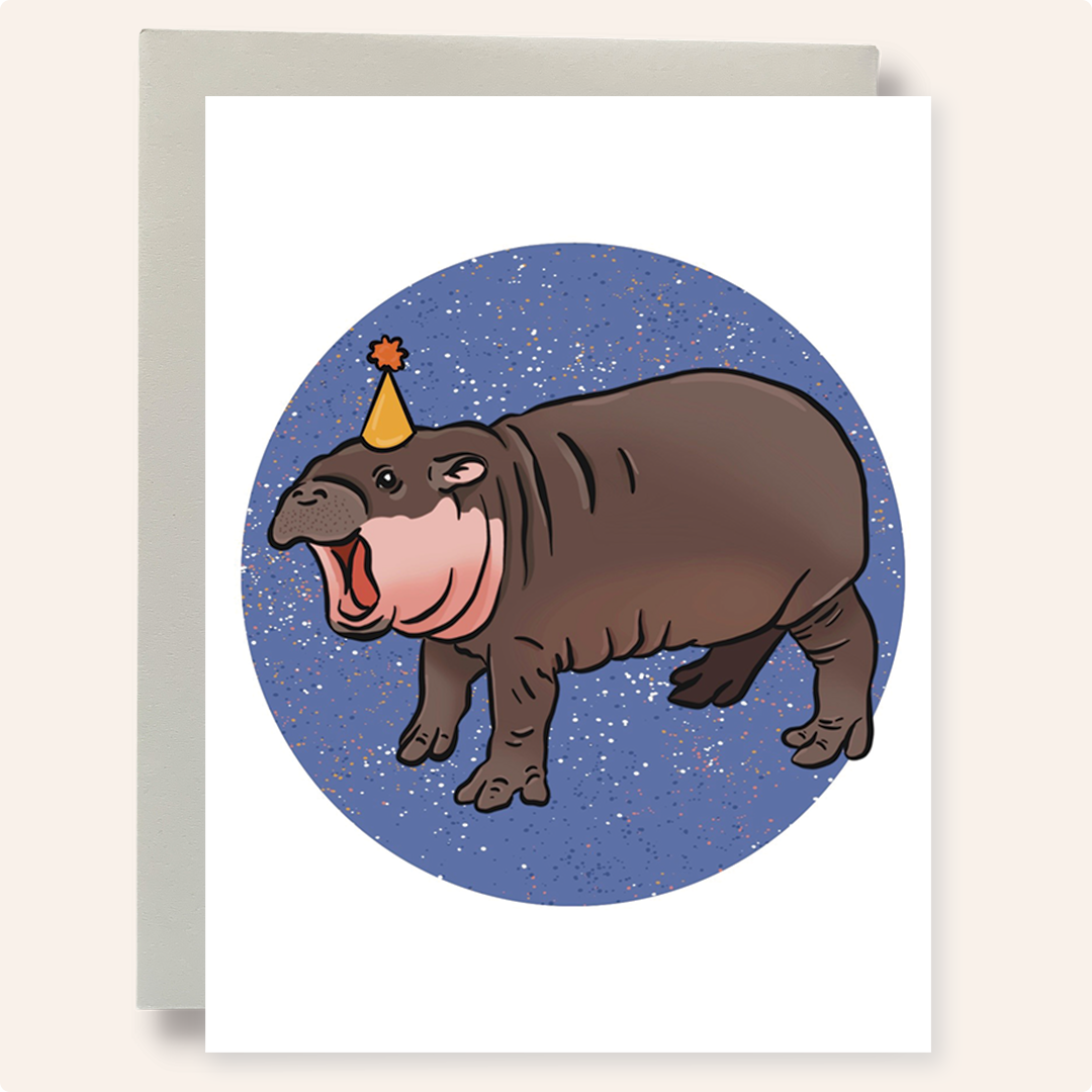 Party Moo Deng - Pygmy Hippo Greeting Card – Bean Horse Car Designs